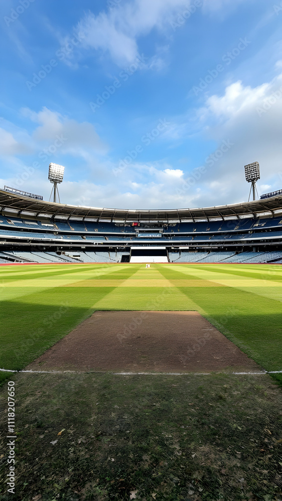 Empty cricket stadium under a bright blue sky. The pitch is visible ...