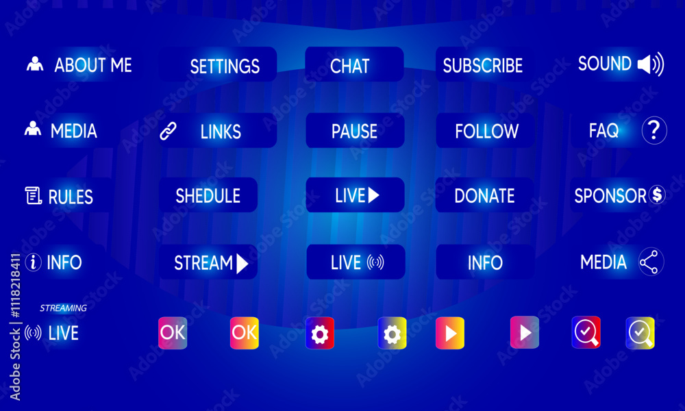 blue Gamers stream buttons. Game streaming interface elements, mmo game menu. Garish frames bars ...