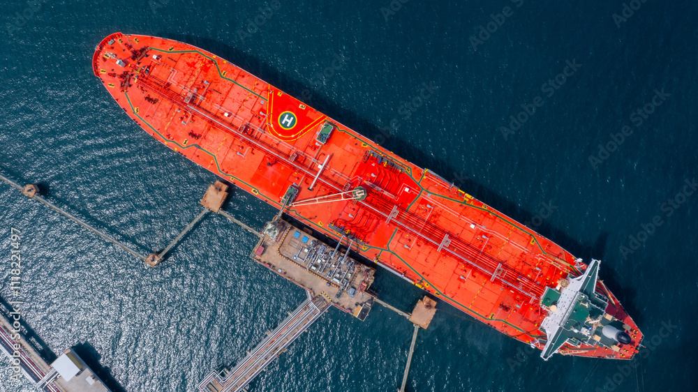 Aerial view oil tanker ship oil depot terminal storage petroleum ...