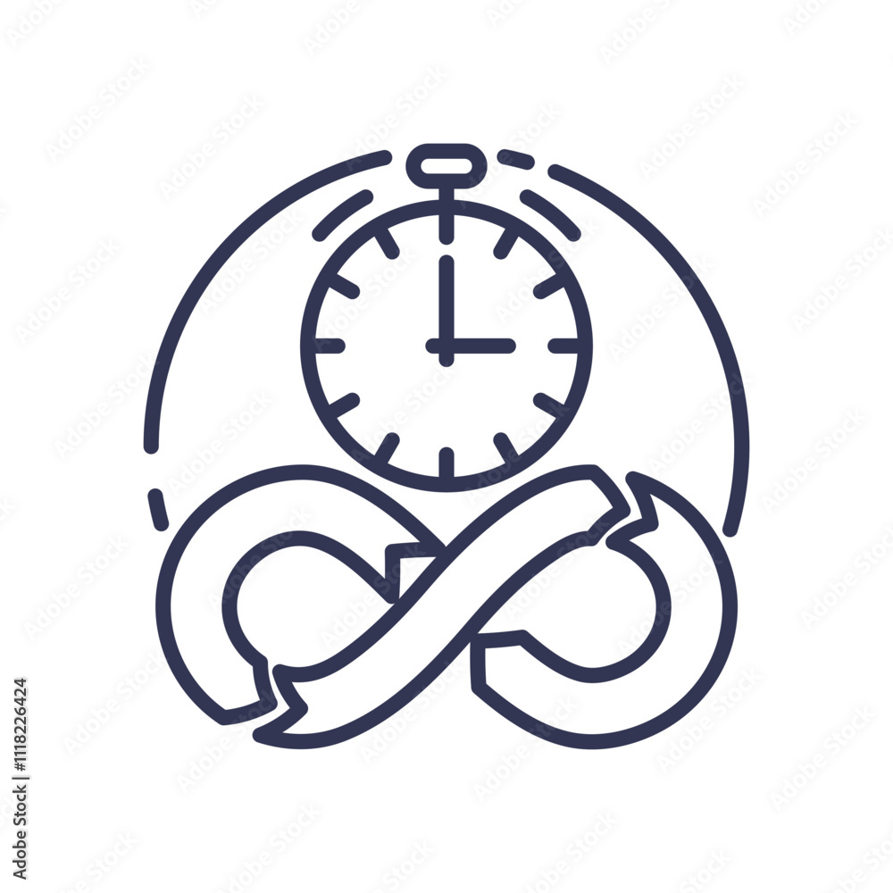 Clock and infinity symbol represent continuous 24/7 operation. Stock ...