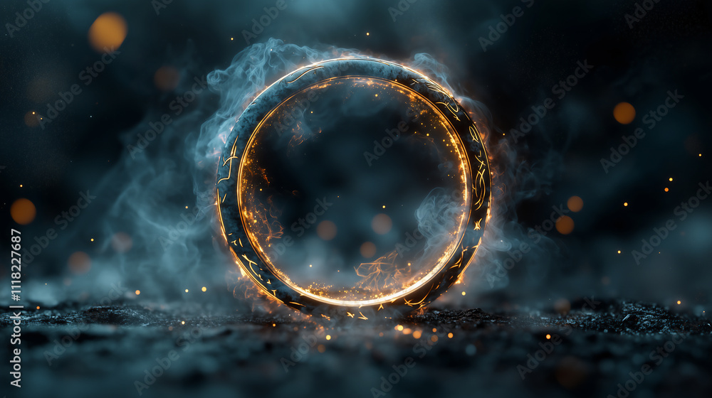 Mystical glowing ring with smoke and sparks, fantasy energy portal ...