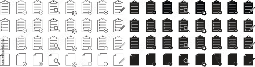 Checklist icon set with check mark document gear pencil tables ...