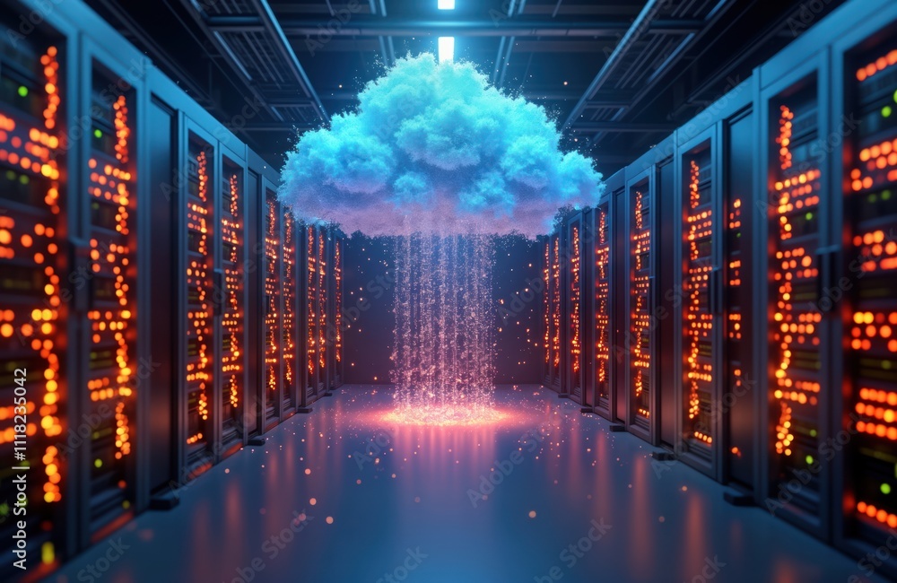 Big data center tech warehouse shows digital info activation. Cloud ...