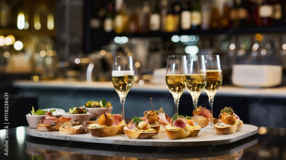 Tabla de tapas variadas con copas de vino espumoso en un bar elegante y ...