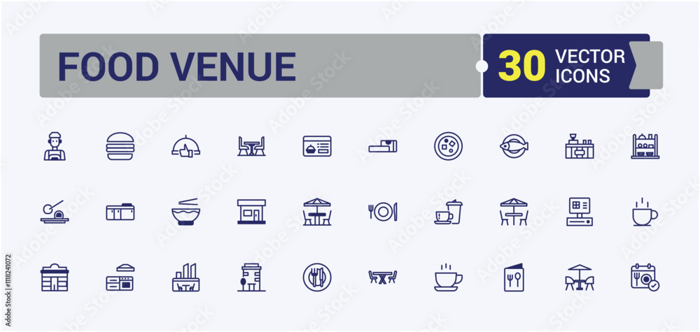 Food Venue line web icon set. Containing menu, bottle, collection, eat ...