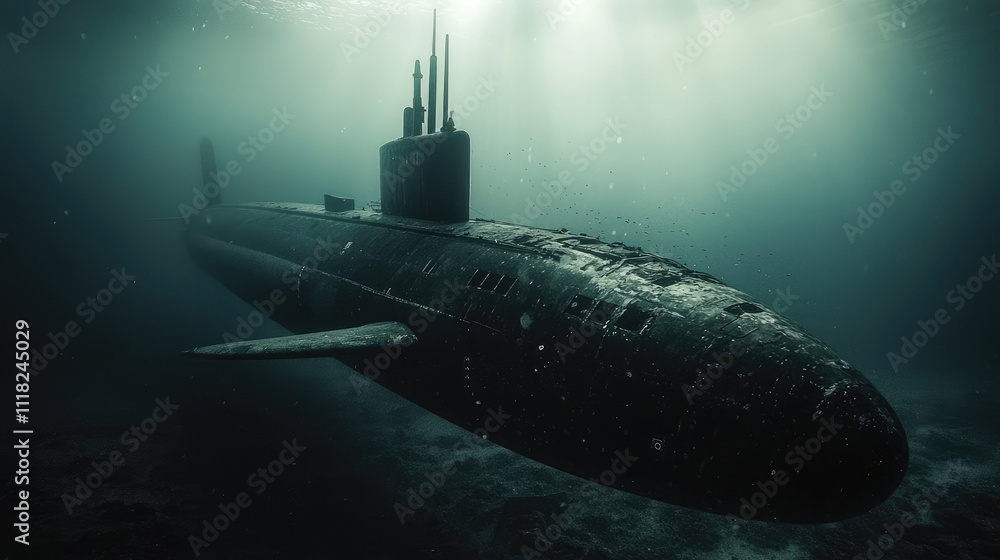 Military submarine moves underwater in sea, naval vessel in ocean ...