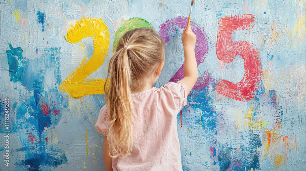Cute little girl drawing new year 2025 with painting brush on wall ...