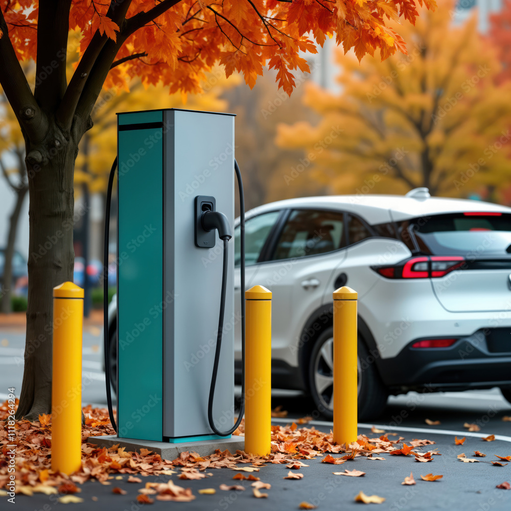 Eco-friendly EV charging station with modern design in autumn foliage ...