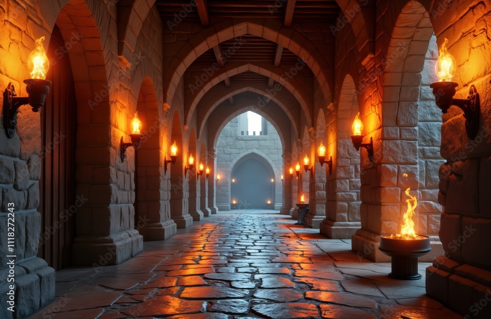 Medieval castle corridor with stone arches. Torches light up ancient ...