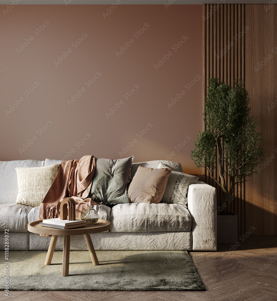 Mocha Mousse trendy color year 2025 cozy living lounge, 3d rendering ...