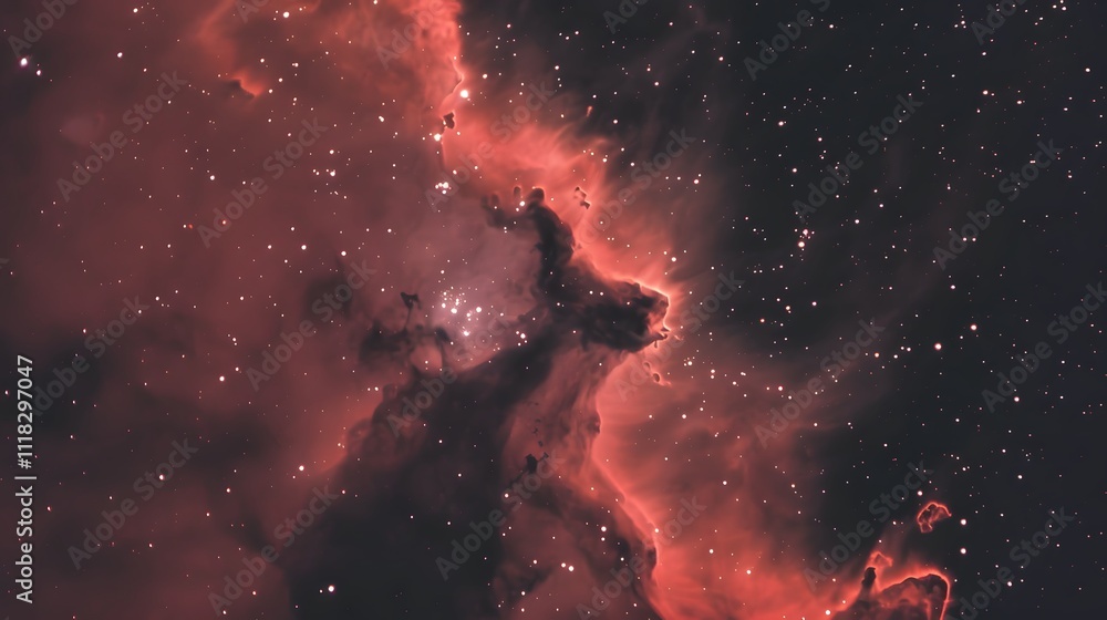 Crimson and Black Nebula with Starry Sky, dramatic deep red nebula with ...