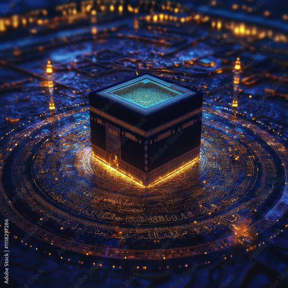 Islamic monotheism symbolized by a glowing Kaaba surrounded by ...