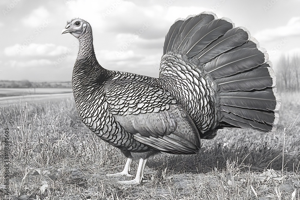 Artistic pencil drawing of turkey a natural stance focusing on detailed ...