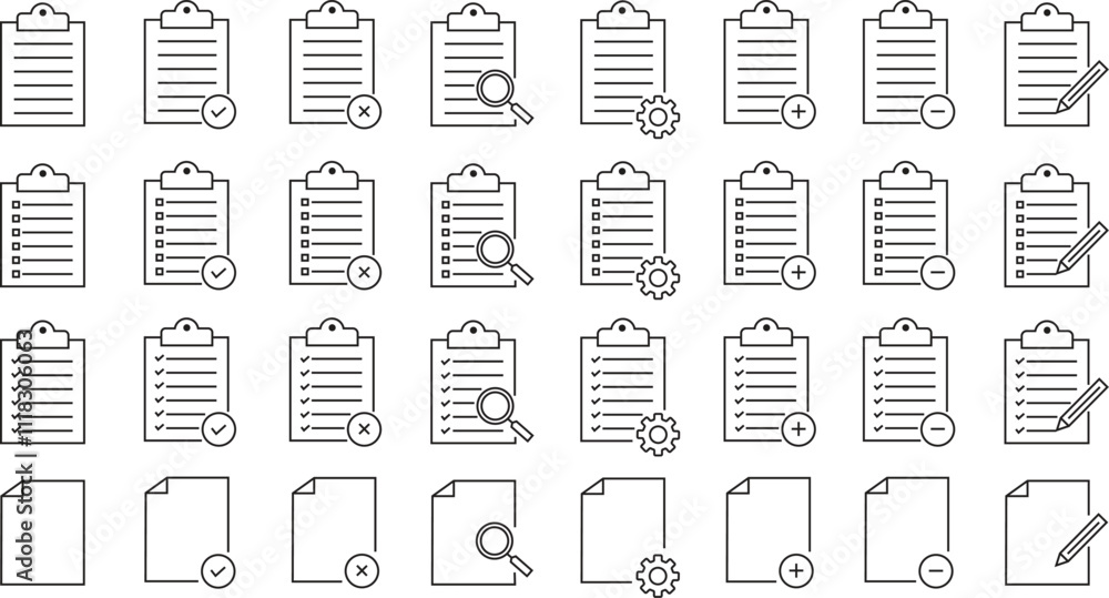 Checklist icon set with check mark document gear pencil tables ...