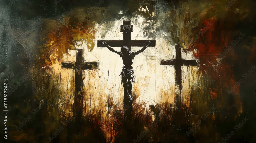 Crucifixion of Jesus: A dramatic portrayal of faith and sacrifice captured in an oil painting ...