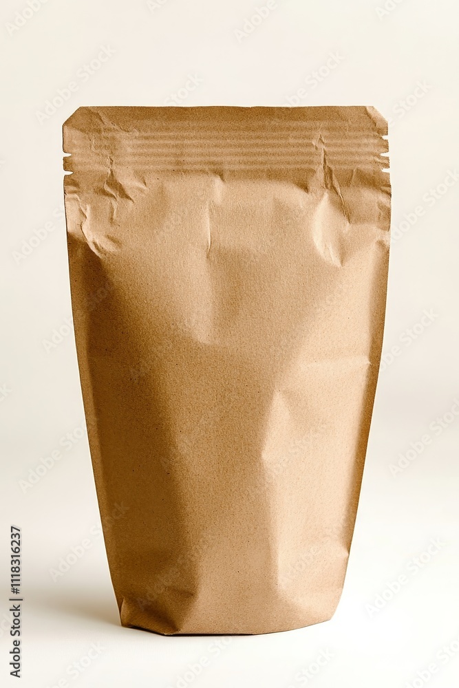 Front View Brown Paper Pouch Mockup, Crinkled Texture, Empty Packaging ...
