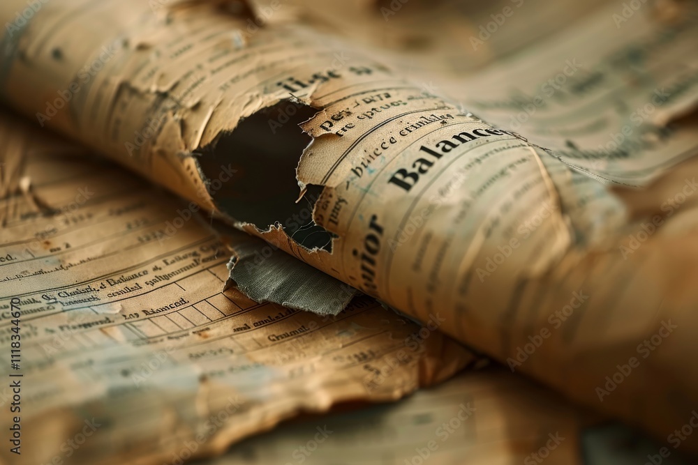 Ripped, aged paper with visible text lies curled on a surface. Concept ...
