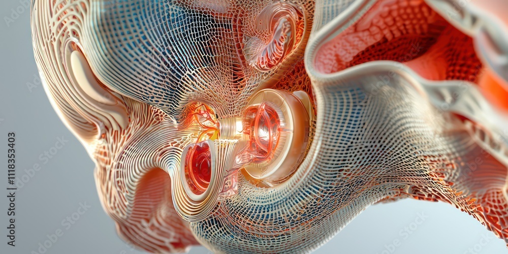 3D model of the inner ear anatomy, highlighting complex structures ...