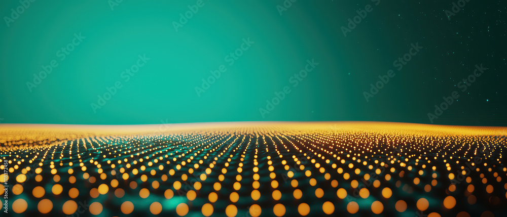 matrix of illuminated nodes glows against deep turquoise background, creating mesmerizing visual ...