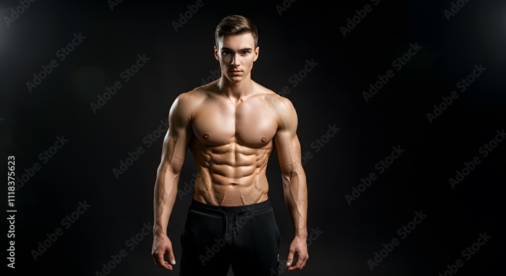 Slim muscular male model at black background. Fitness shirtless guy in black sport pants posing ...