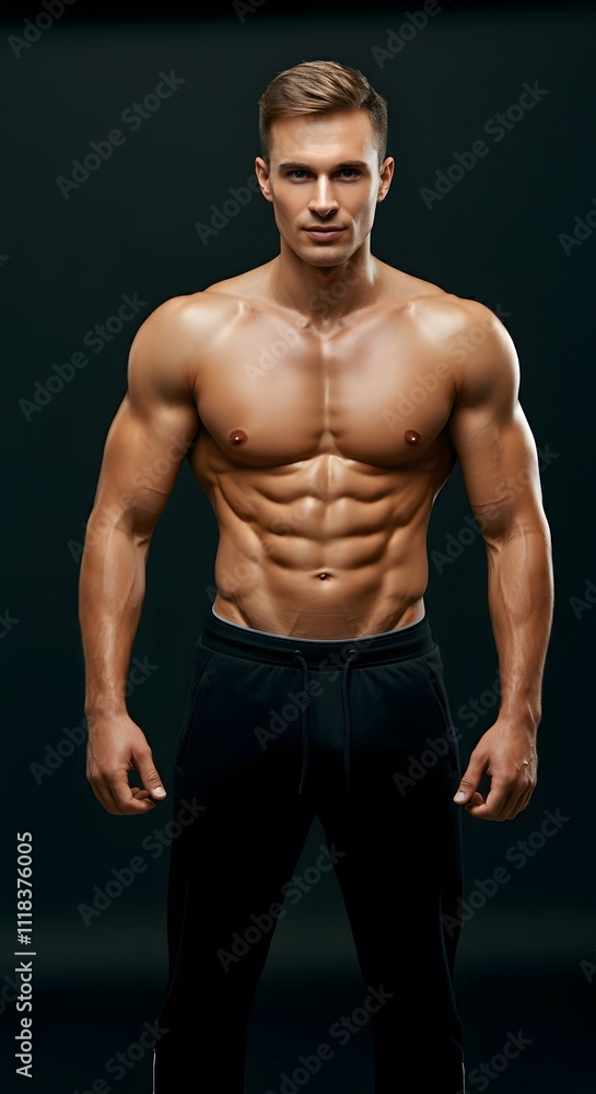 Slim muscular male model at black background. Fitness shirtless guy in black sport pants posing ...