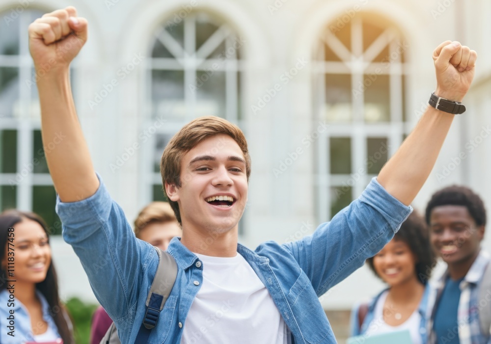 Young male student expressing joy and achievement with raised arms ...