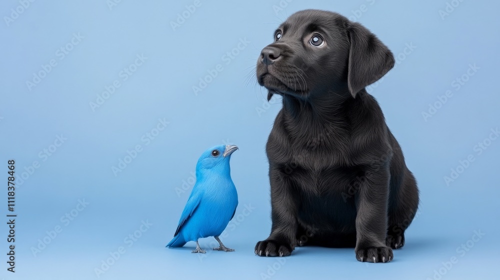 Curious Companions: A black Labrador puppy and a vibrant blue bird ...