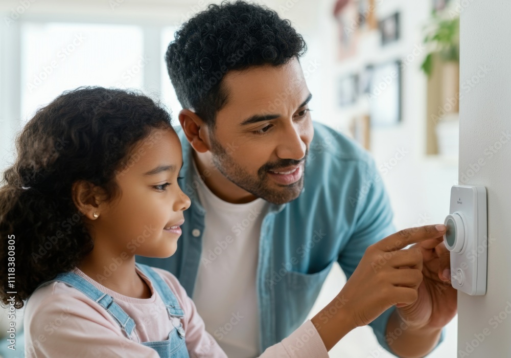 Father showing his daughter how to use smart thermostat, promoting ...