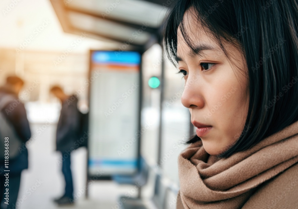 Sad and lonely young woman waiting at the bus stop, wearing a scarf on ...
