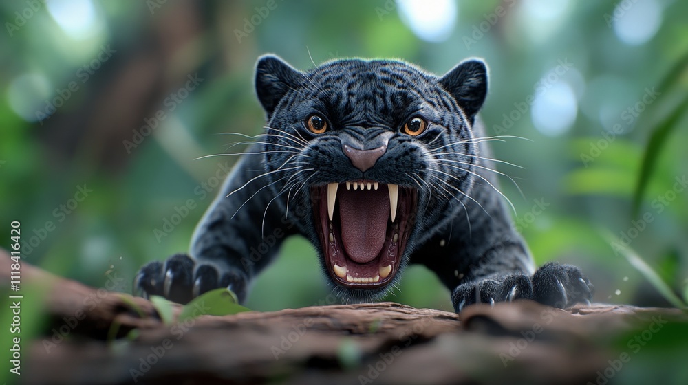 Black Panther Roaring: A majestic black panther snarls with fierce ...