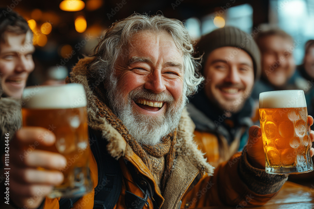 In a warmly lit rustic pub, a group of friends laughs heartily while ...