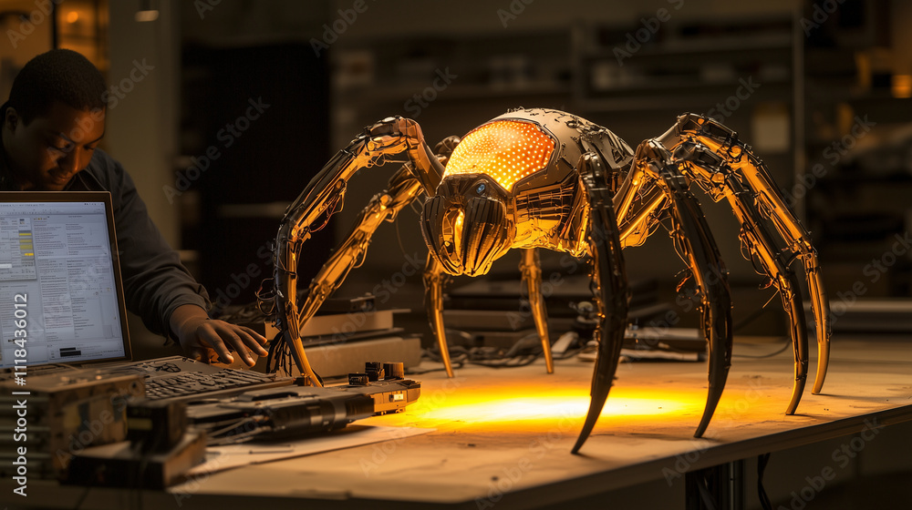 A spider-like robot prototype with multiple articulated limbs rests on ...