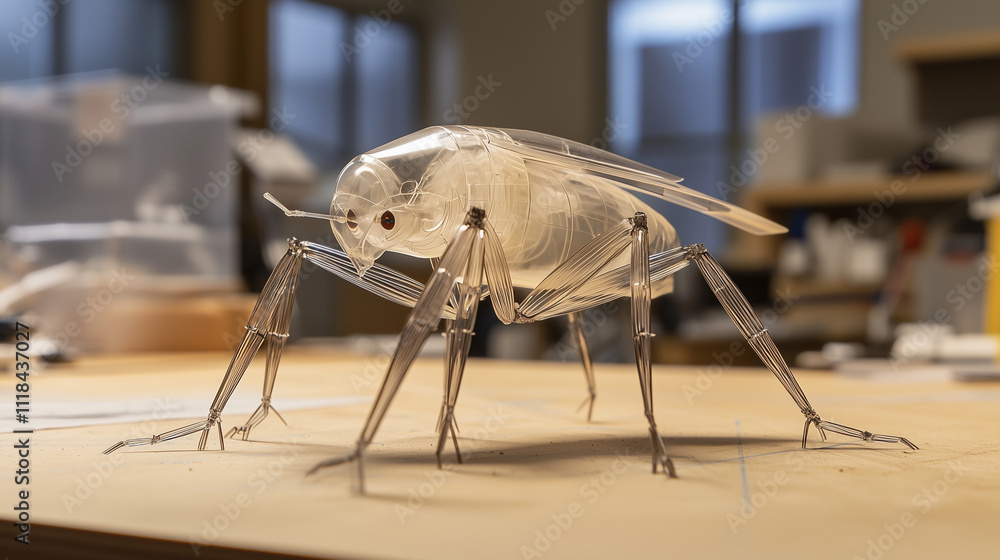 Stock-Foto „An insect-like robot prototype sits on the workbench, its ...