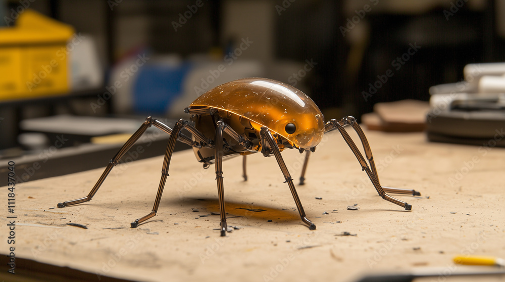 An insect-like robot prototype sits on the workbench, its six legs ...