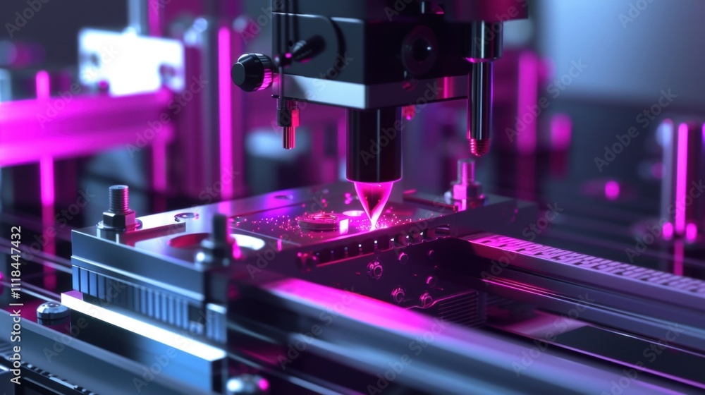 Automated robotic arm precisely laser engraving microchip in modern ...