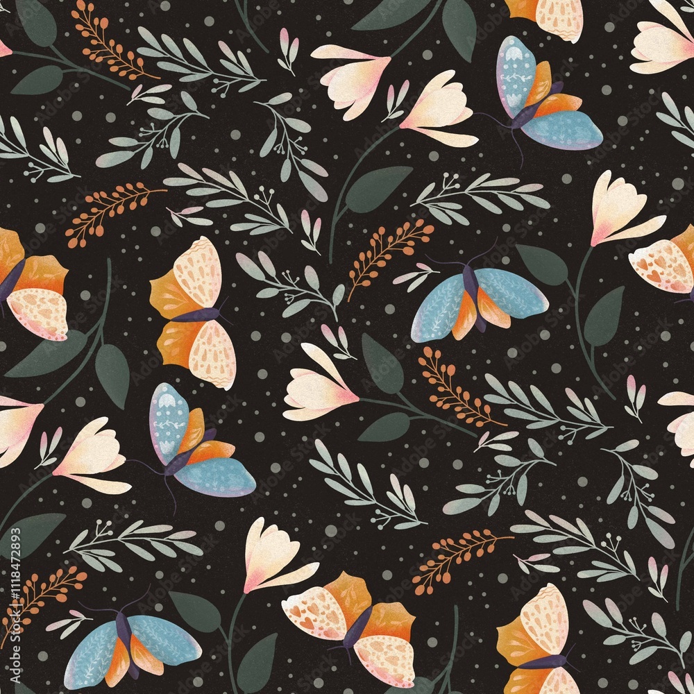 Enchanted Butterfly Garden Seamless Pattern Stock Illustration | Adobe Stock