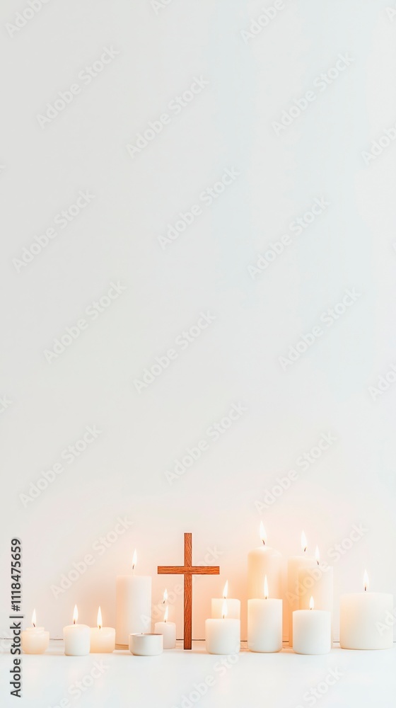 Soft glow of candles around wooden cross on white background ...