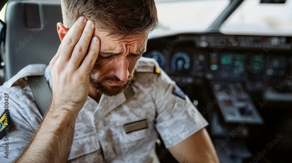 A fatigued military pilot in camouflage uniform sits in an aircraft ...