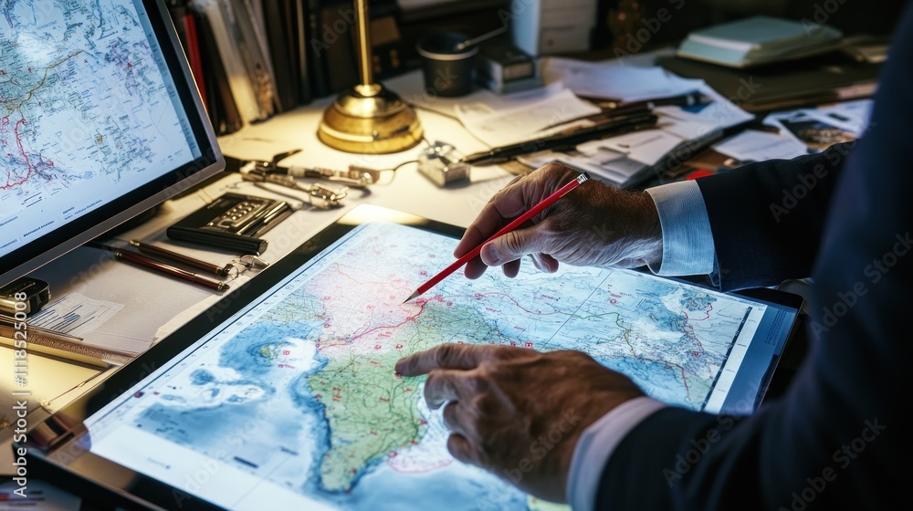 Closeup of hands tracing route on digital map 2 Stock Photo | Adobe Stock