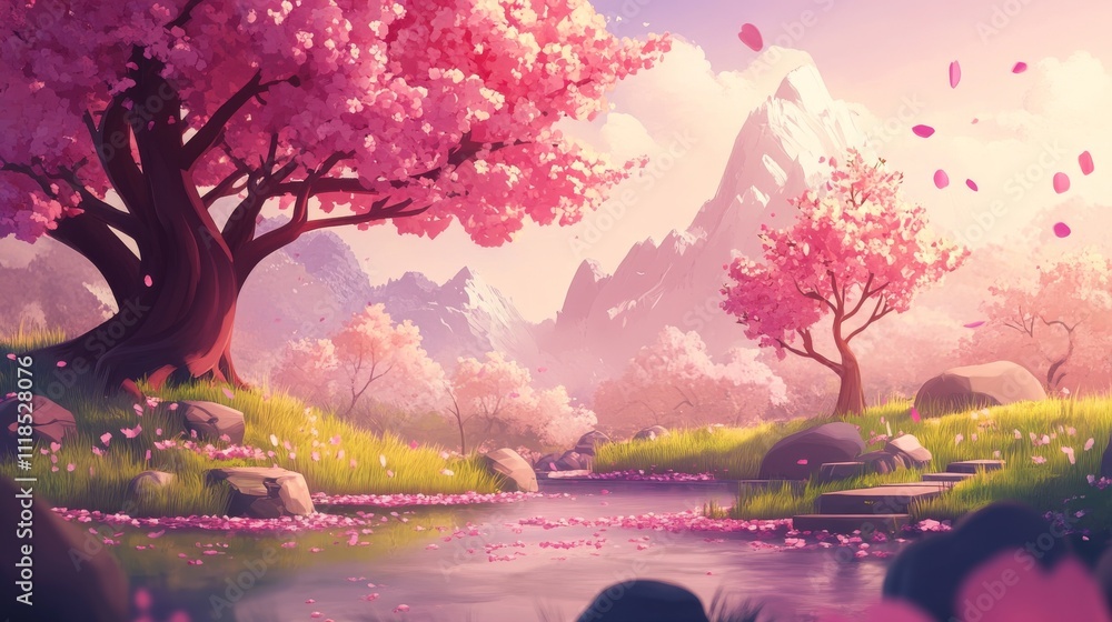 Beautiful fantasy spring nature landscape with cherry blossom tree ...