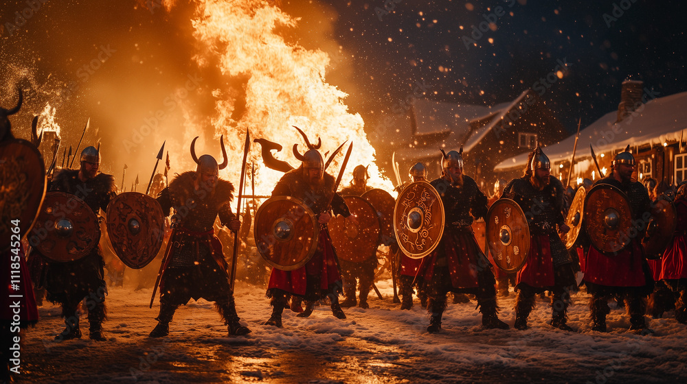 Up Helly Aa Festival, a group of men and women in full Viking costumes ...