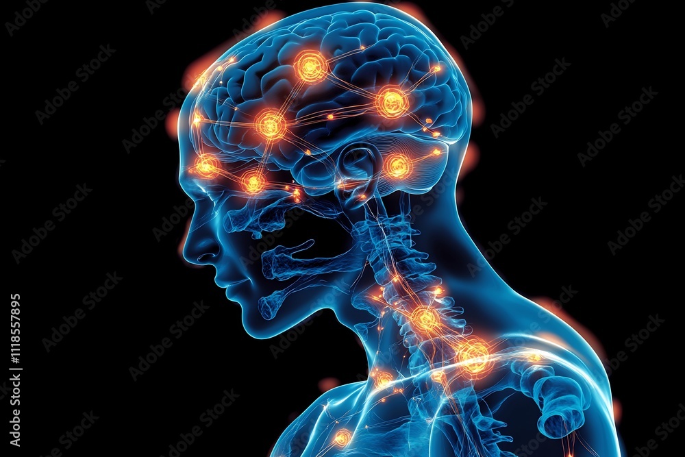 Electrical pathway animation of nervous system illustrating glowing ...