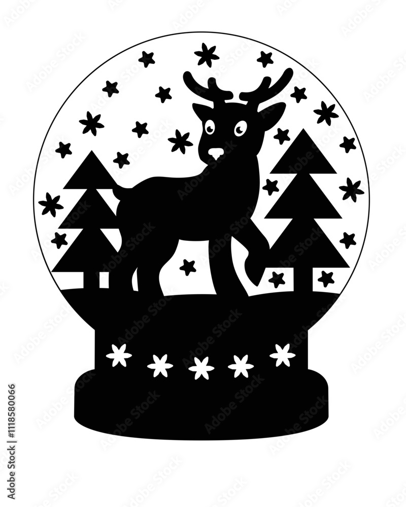 Snow globe with Deer - black silhouette - stock illustration. Deer, Christmas trees, stars in a ...