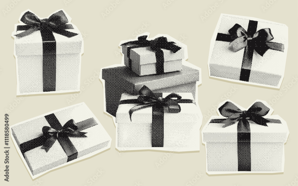 Set of monochrome gift boxes with ribbons and bows. Vintage zine ...
