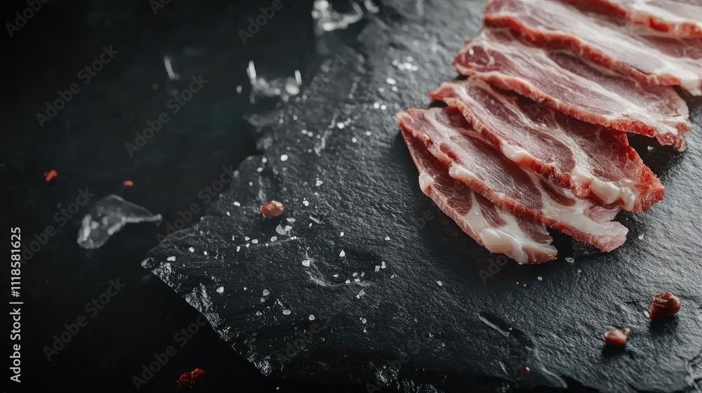 Selection of pork cuts, from streaky bacon to thick chops, floating ...