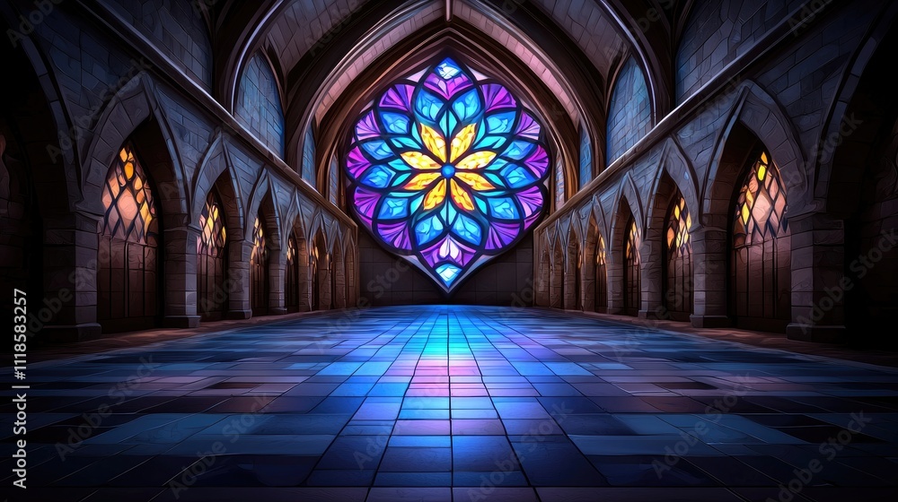 Stunning stained glass window in gothic architecture historic cathedral ...