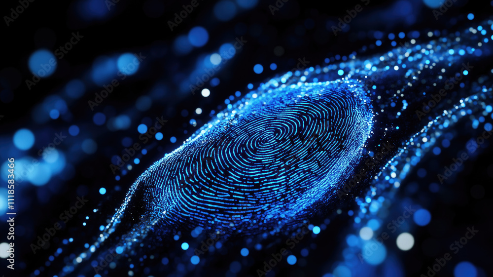 Generative AI image of digital finger print scan in blue glowing lights ...