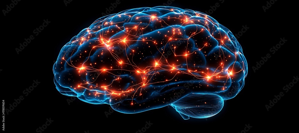 Transparent neural pathway visualization of brain showing its different lobes and their distinct ...