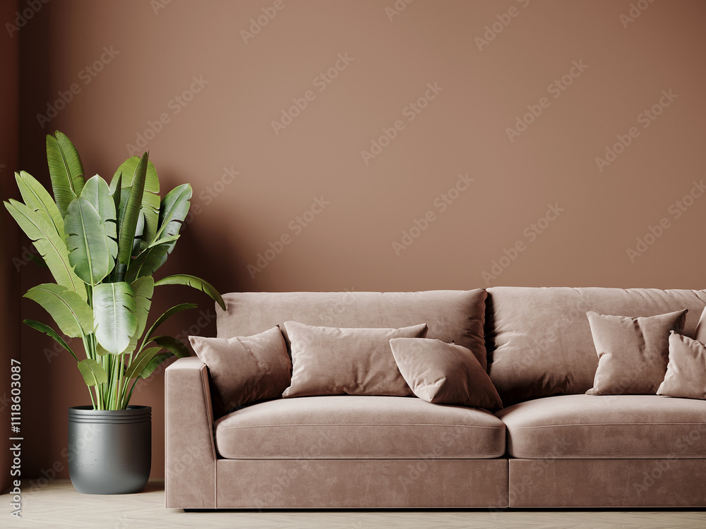 Modern living room with sofa in chocolAte colors. Wall painted trend ...