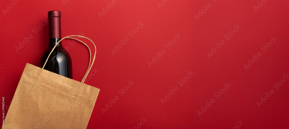 Paper bag with dark glass bottle of wine, alcohol present. Flat lay on ...